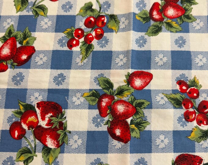 Vintage Allover Strawberry & Cherry Checkered P Print Fabric by ...