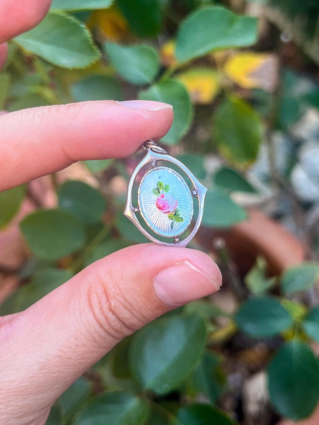 Antique Cloisonné Rose Flower Silver Pendant by Charles Horner (1915 ...