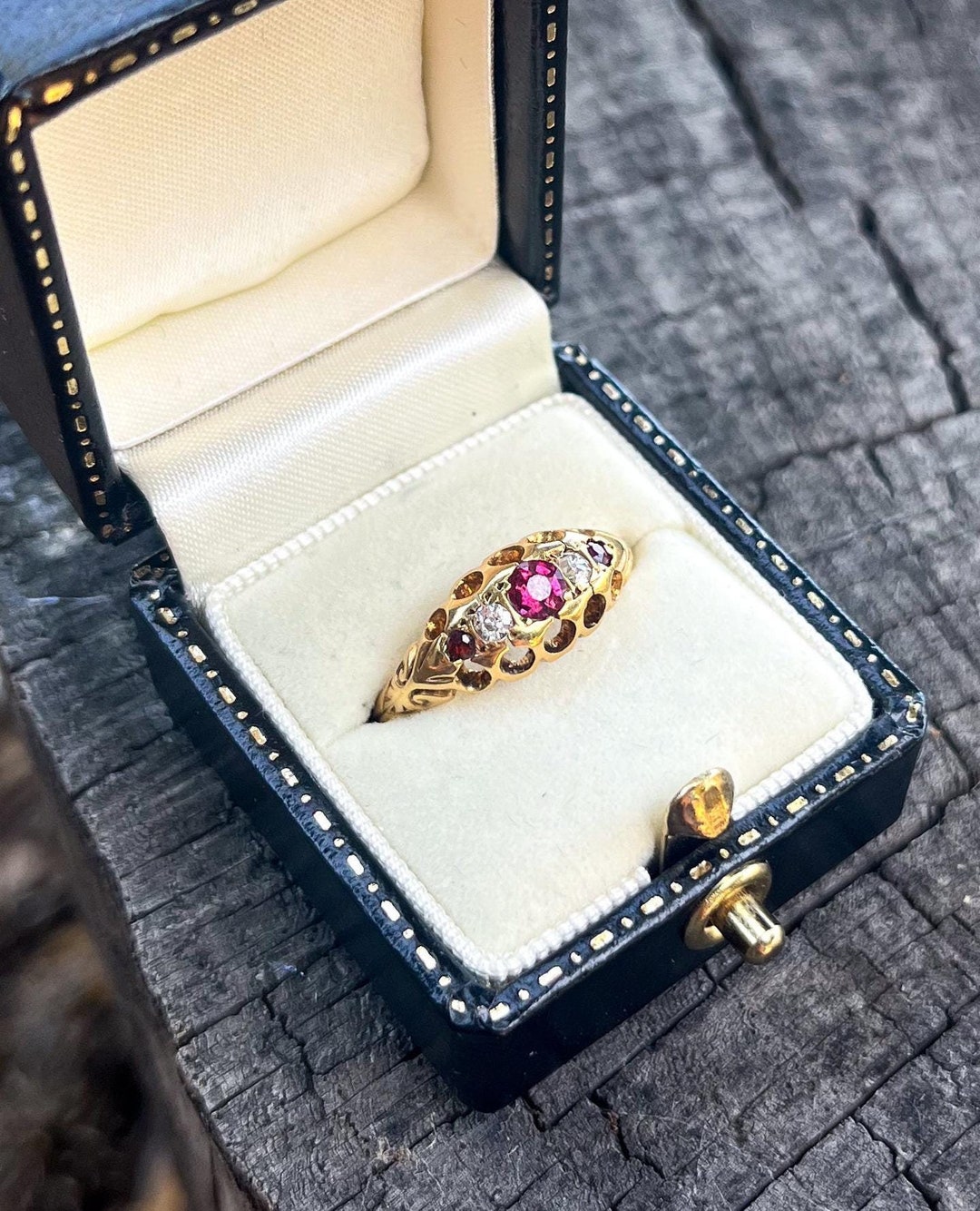 Antique Victorian Ruby Diamond 18k Boat Ring birmingham 1898 W. Old ...
