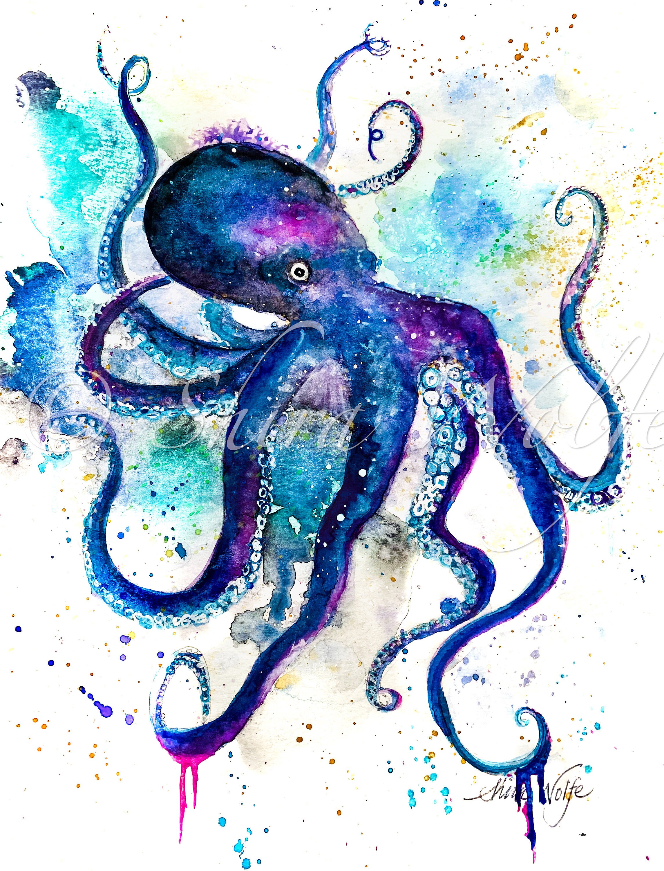 Printable Giant Octopus Watercolor Digital Download, Wall Art, Nautical ...