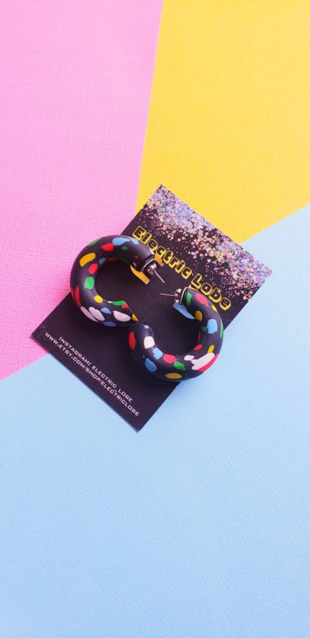 Black With Rainbow Splatter Pattern Polymer Clay Chunky Hoop Earrings ...