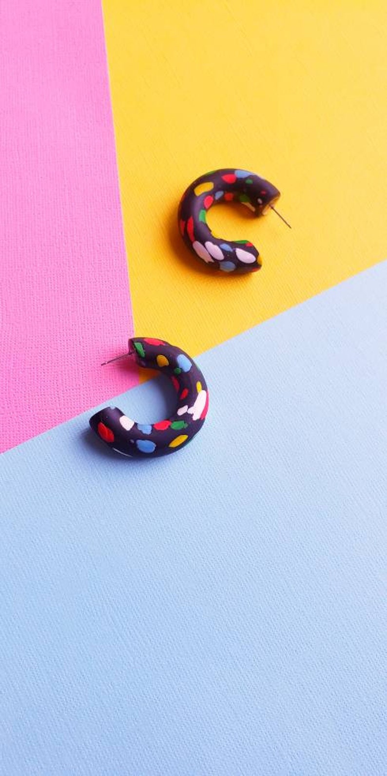 Black With Rainbow Splatter Pattern Polymer Clay Chunky Hoop Earrings ...