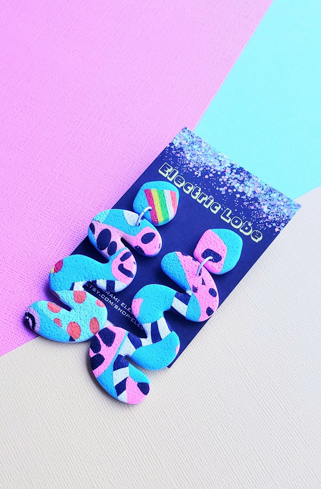 Textured Organic Wonky Squiggle Blue Memphis Design Dangle Polymer Clay ...