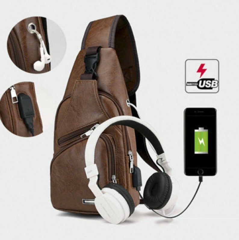 Men's Leather Shoulder Pack USB Charging Port Crossbody Chest Handbag ...