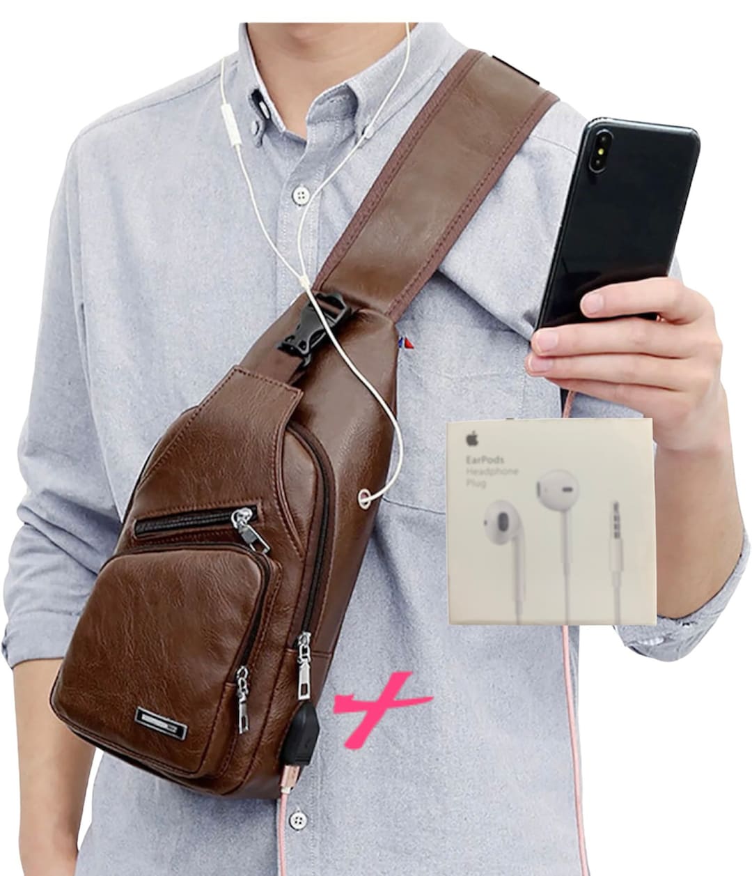 Men's Leather Shoulder Pack USB Charging Port Crossbody Chest Handbag ...