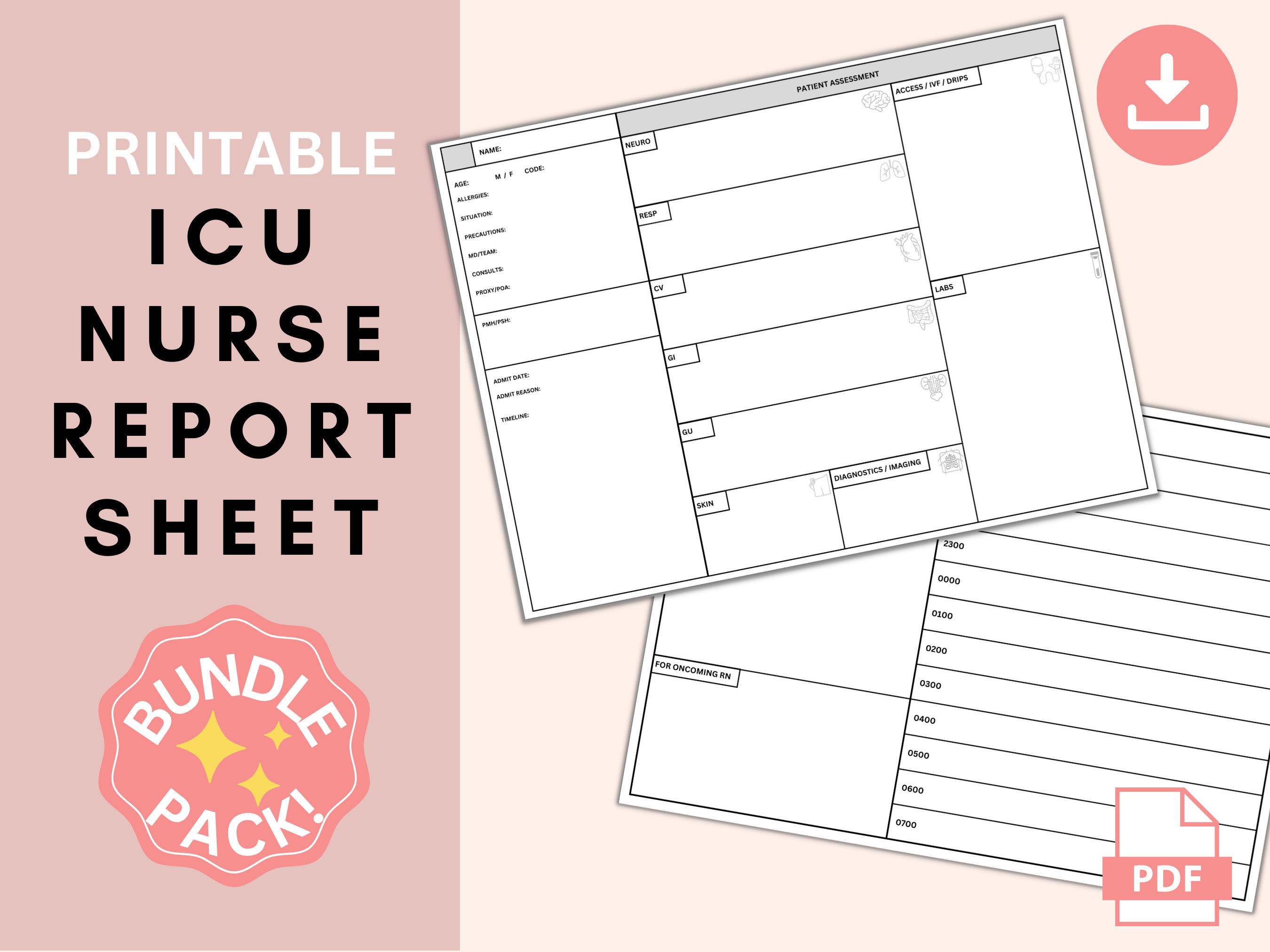ICU Nurse Report Sheet Bundle ICU Brain Sheet Nurse Report - Etsy
