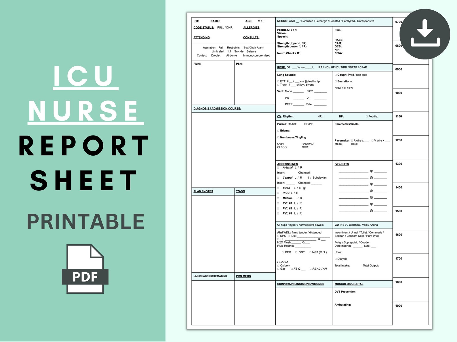 ICU Nurse Report Sheet With Hourly Rounding - Etsy