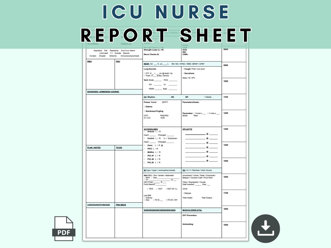 ICU Nurse Report Sheet With Hourly Rounding - Etsy