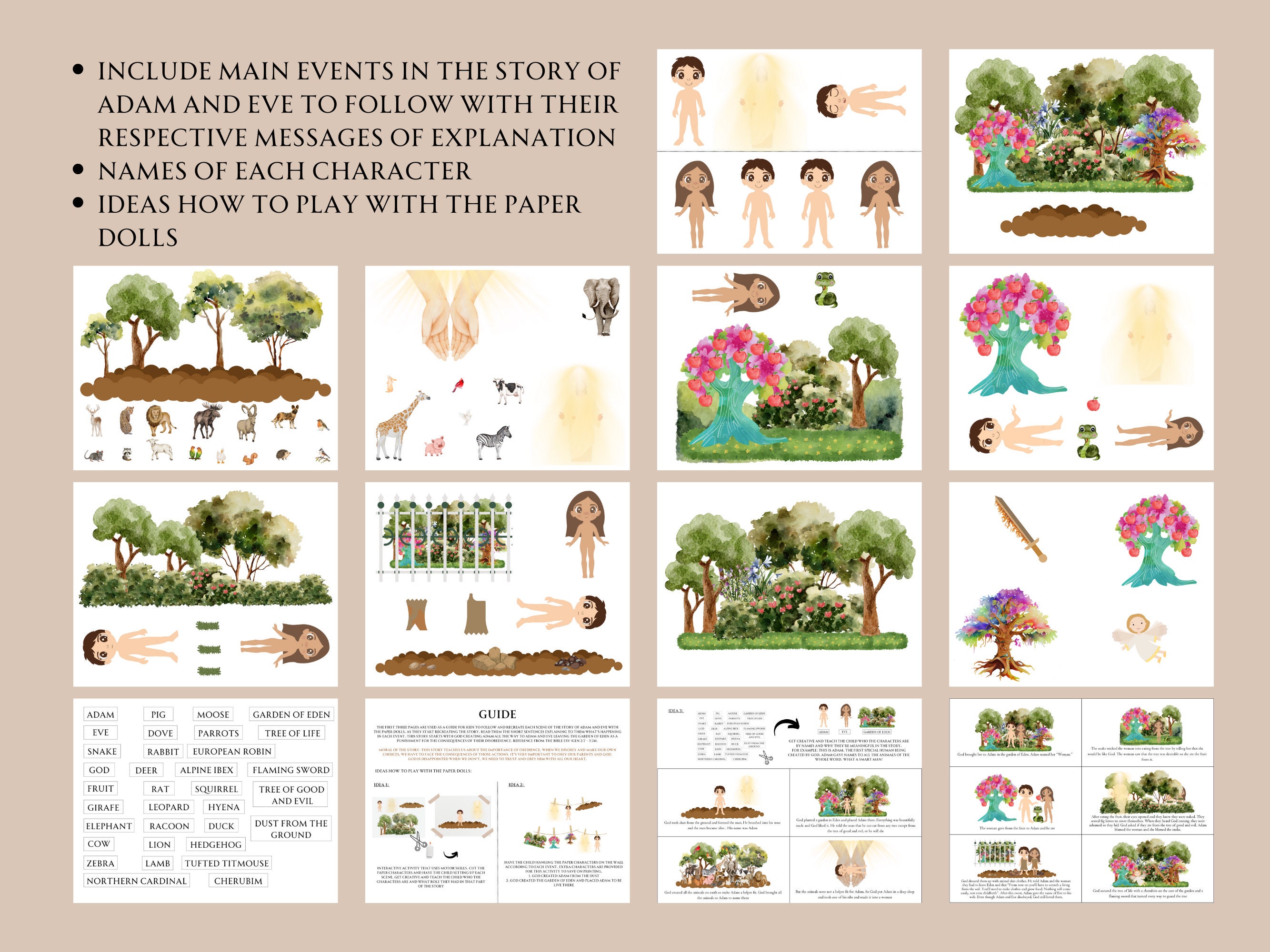 Paper Doll Set of Adam and Eve Printable Game Lesson Complete Bible ...