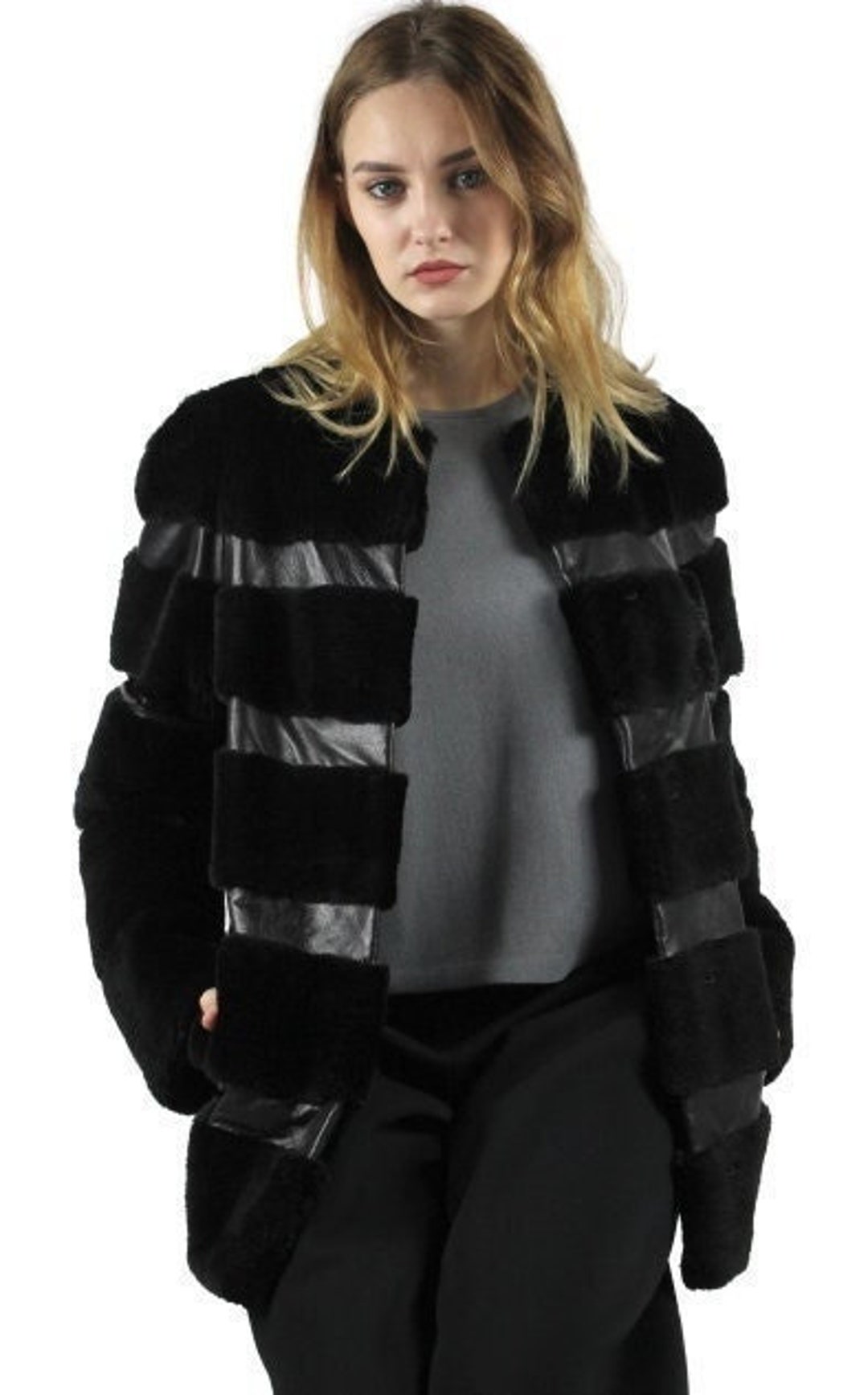 Black Natural Fur and Leather Half-fur Coats for Women | Handmade ...