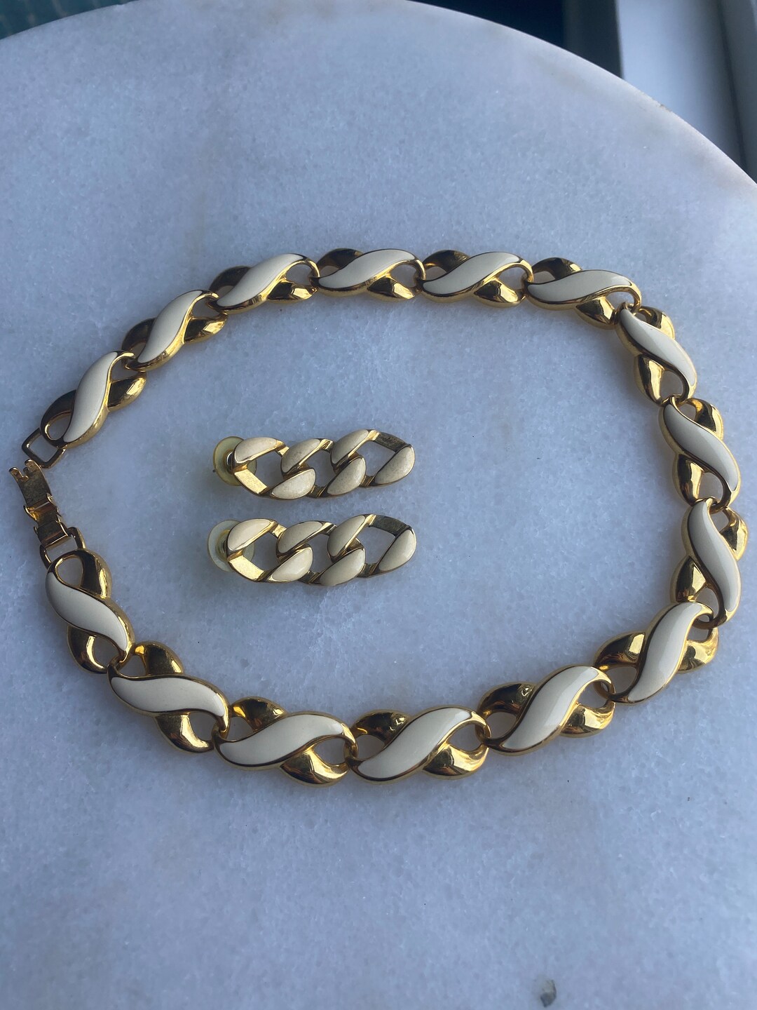 1980-90's Cream Enamel Chain With Matching Chain Earrings - Etsy