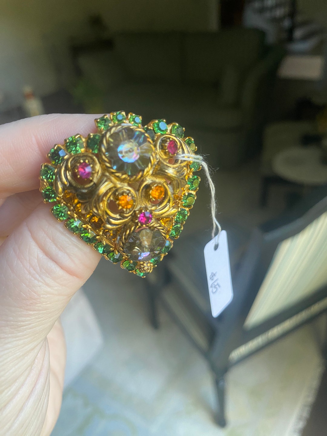 Vintage MCM Heart Brooch With Heliotrope Stones and Hand Pronged ...