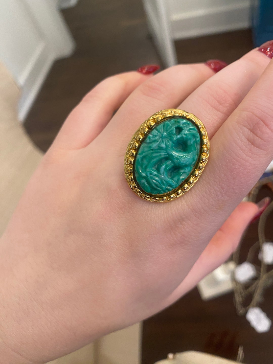 Vintage Peking Glass Bird of Paradise Faux Jade Adjustable Ring - Etsy