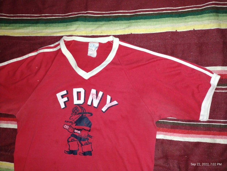 Vintage 70s FDNY Firefighter Red Ringer Tee XL T Shirt Poly Cotton NYC ...