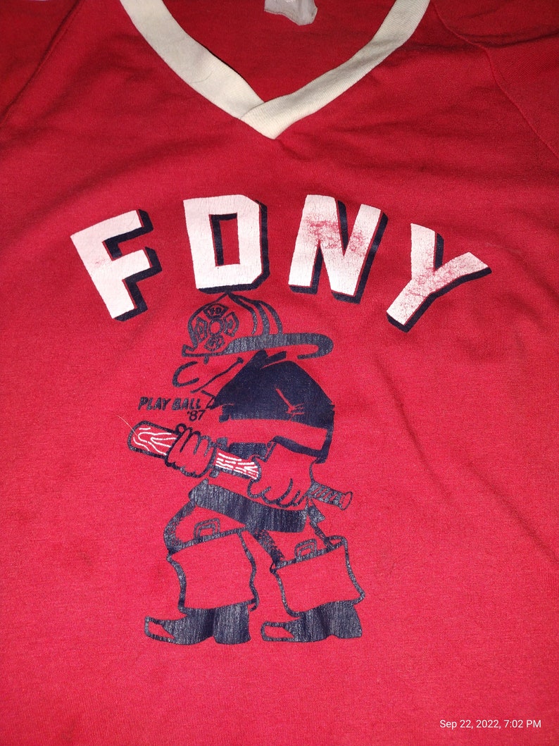 Vintage 70s FDNY Firefighter Red Ringer Tee XL T Shirt Poly Cotton NYC ...