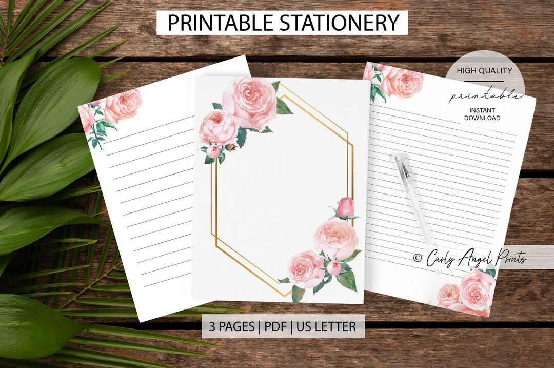 Pink Flower Stationery Printable, Letter Writing Paper Set, Paper Set ...