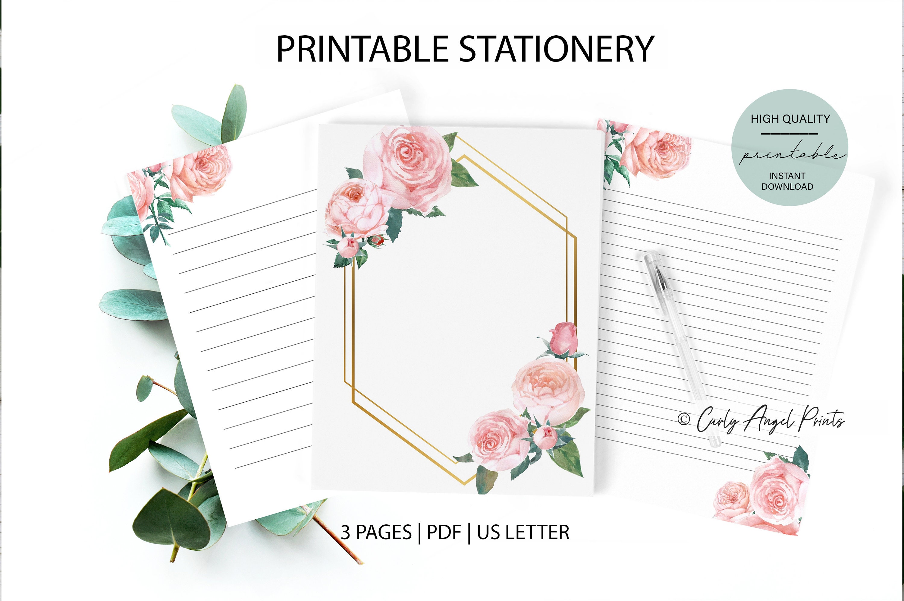 Pink Flower Stationery Printable, Letter Writing Paper Set, Paper Set ...