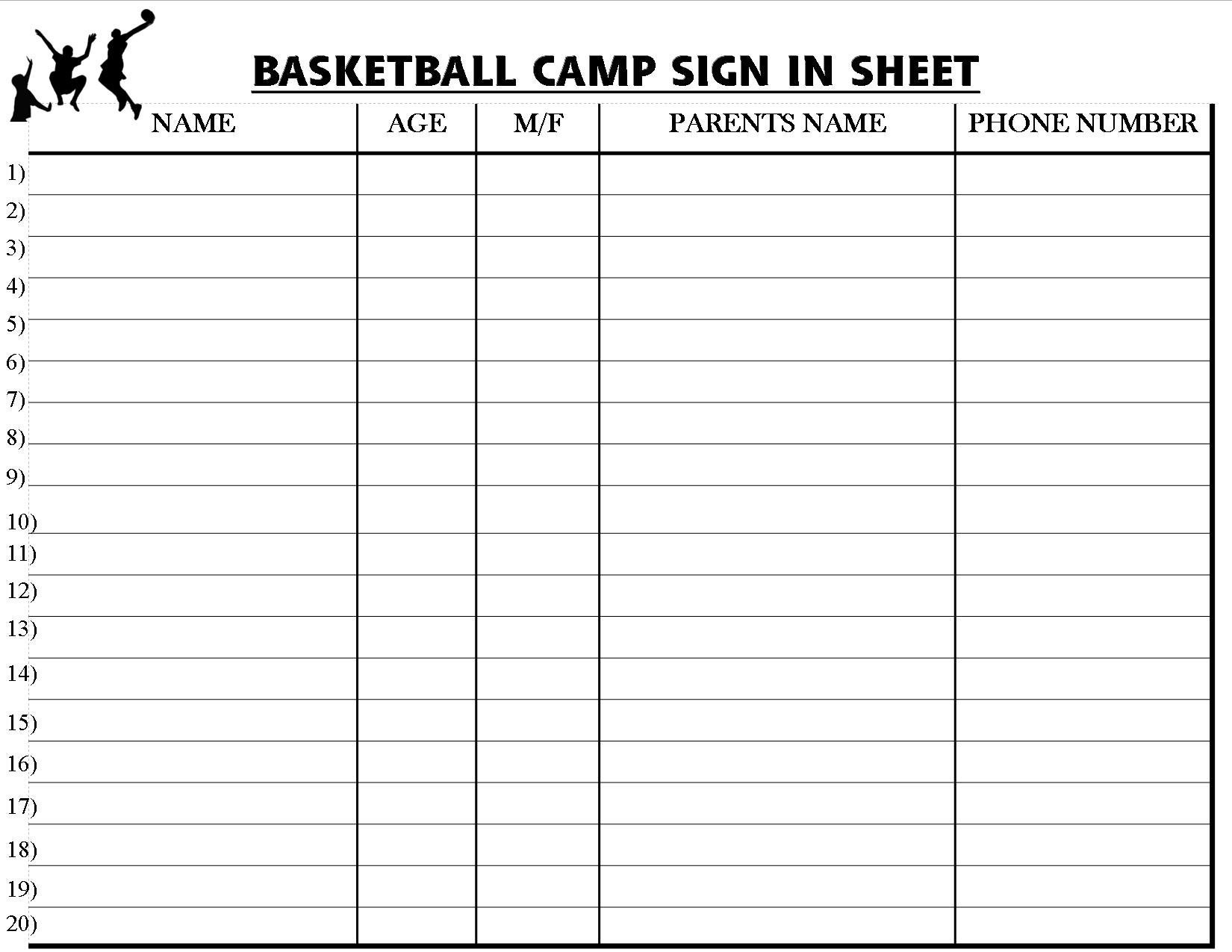 Basketball * Basketball Camp * Basketball Sign in Sheet * Camp *sign in ...