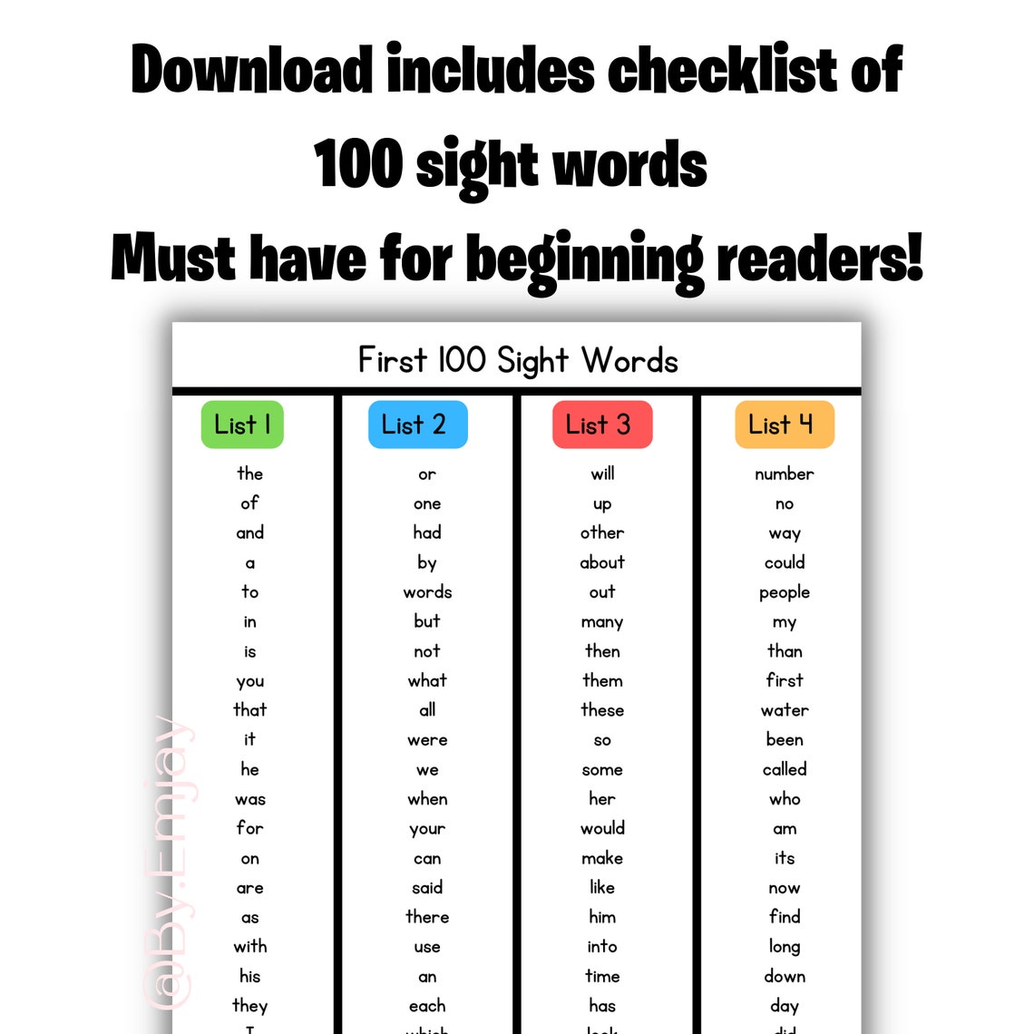 100 Printable Fry's First Hundred Sight Word Flashcards - Etsy
