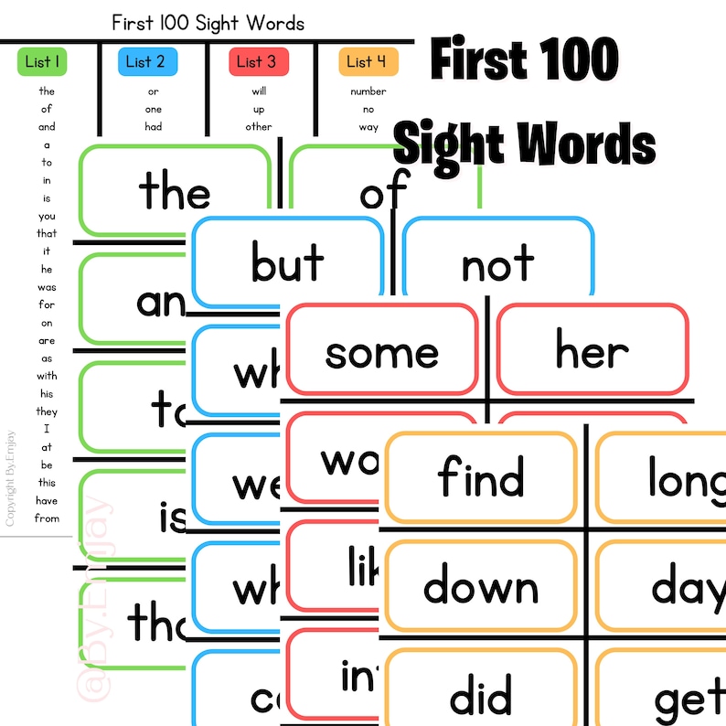 100 Printable Fry's First Hundred Sight Word Flashcards - Etsy