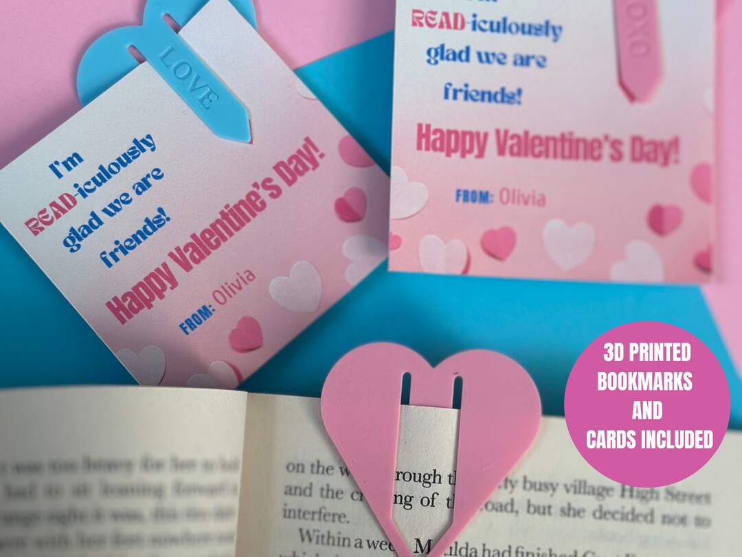 3D Printed Heart Bookmark Valentine Class Gift With Personalized Card ...