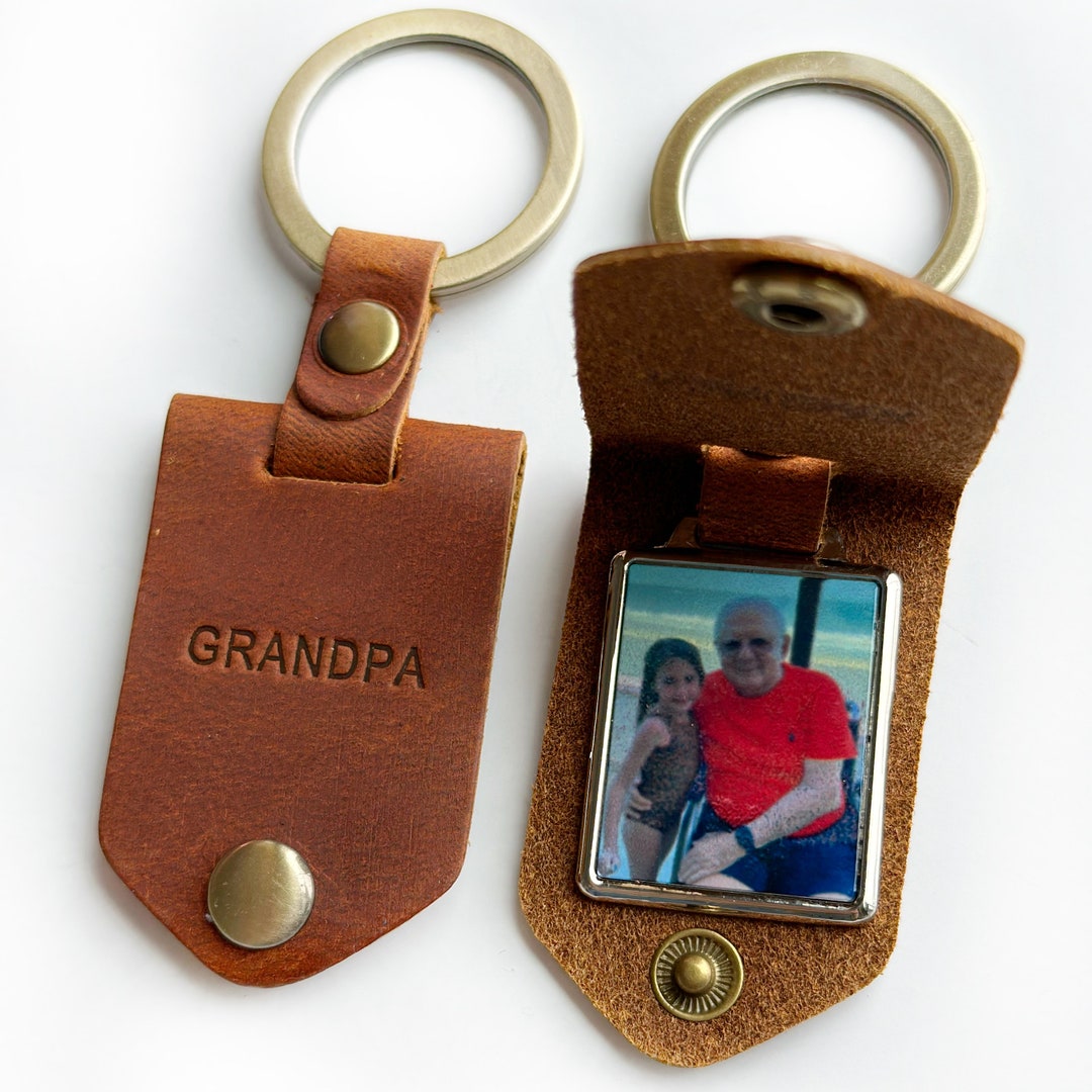 Custom Grandpa Daddy Leather Metal Keychain With Photo Engraved Gift ...