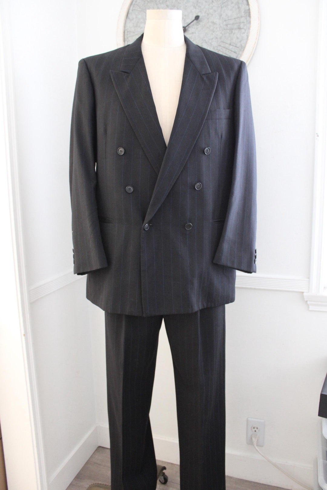 Vintage Double Breast Men's Suit Black With Blue Stripes Estimated Era ...
