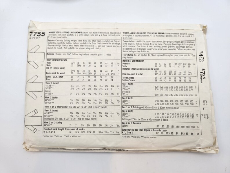 Simplicity Sewing Pattern 7755 Jacket or Coat Sewing Pattern - Etsy