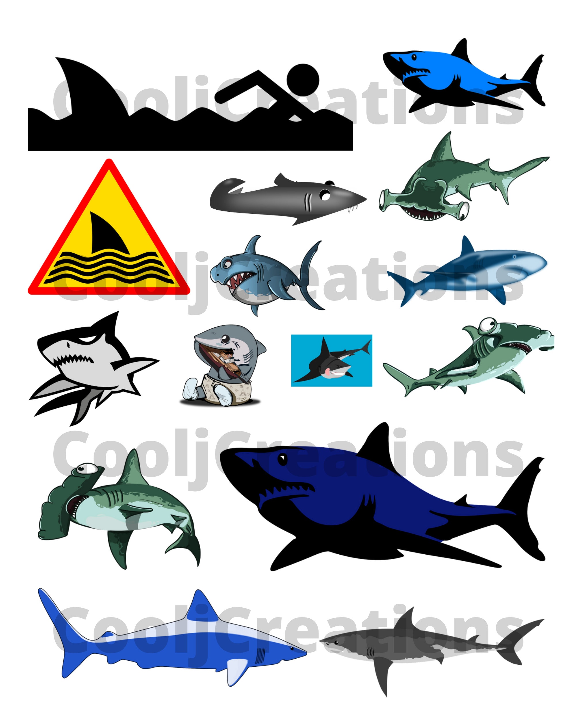 Sharks Clip Art, Shark Digital Images for Scrapbooking, Craft Projects ...
