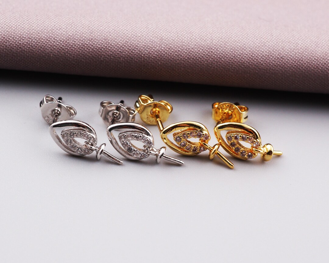 Sterling Silver Earring Setting W/cubic Zirconia for Half Drilled ...