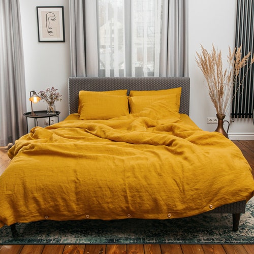 Mustard Color Linen Duvet Cover Softened Linen Bedding Set - Etsy