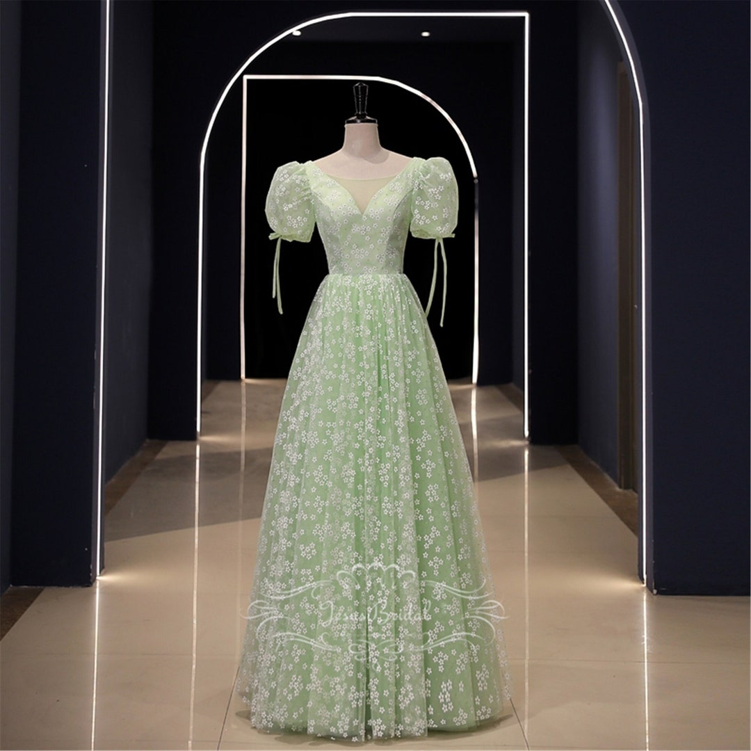 Fresh Apple Green Prom Dress A-line Puff Sleeves V Neckprom - Etsy