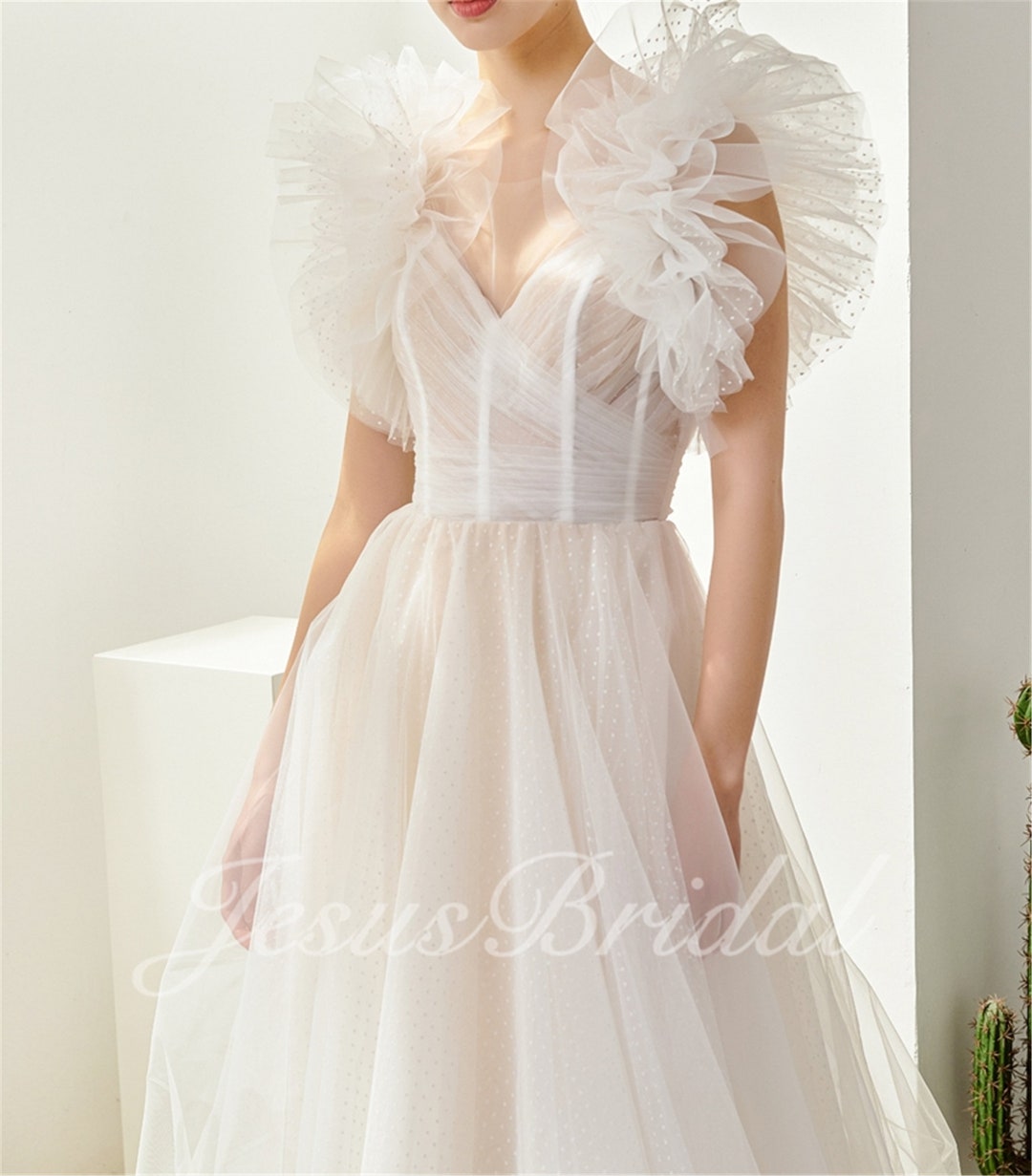 Tulle V Neck Puffed Ruffle Sleeves Bridal Dresssweep Train - Etsy