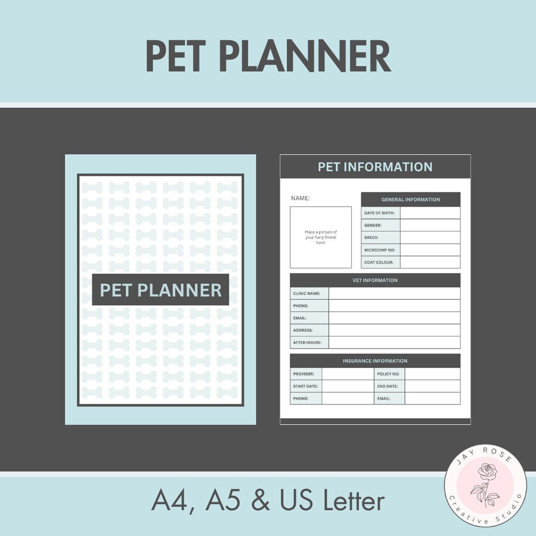 Pet Planner, Printable Planner, Planner Inserts, Digital Bundle, Blue ...