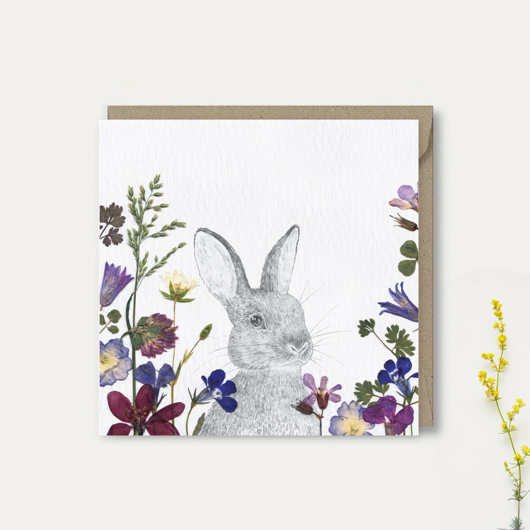 Rabbit Greeting Card // Cornish Pressed Flowers - Etsy