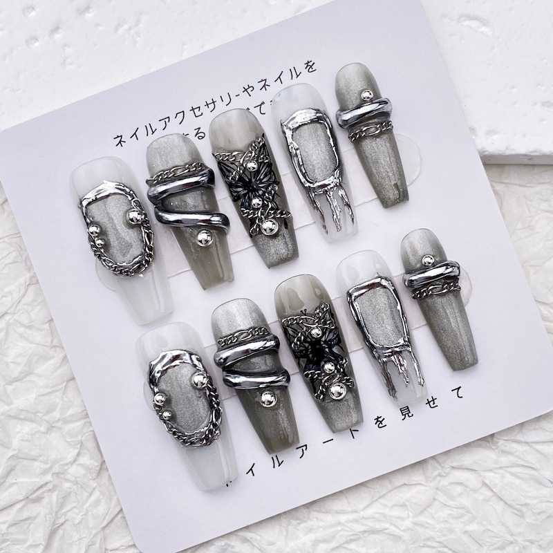 Silver Fake Nails Aesthetic - Etsy