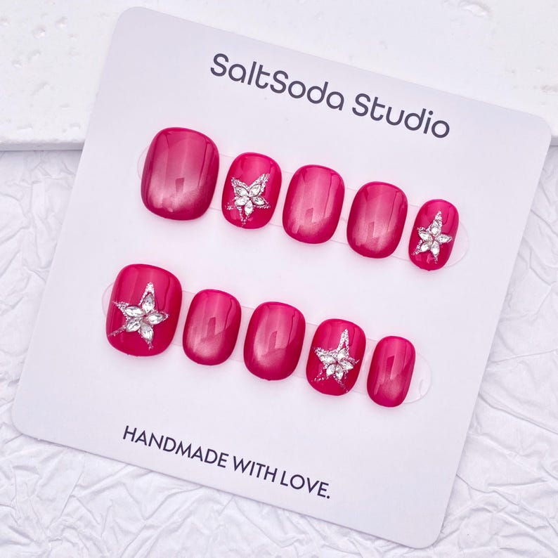 Glitter Crystal Star Handmade Press on Nails: Pink Cat Eye, Short Round ...