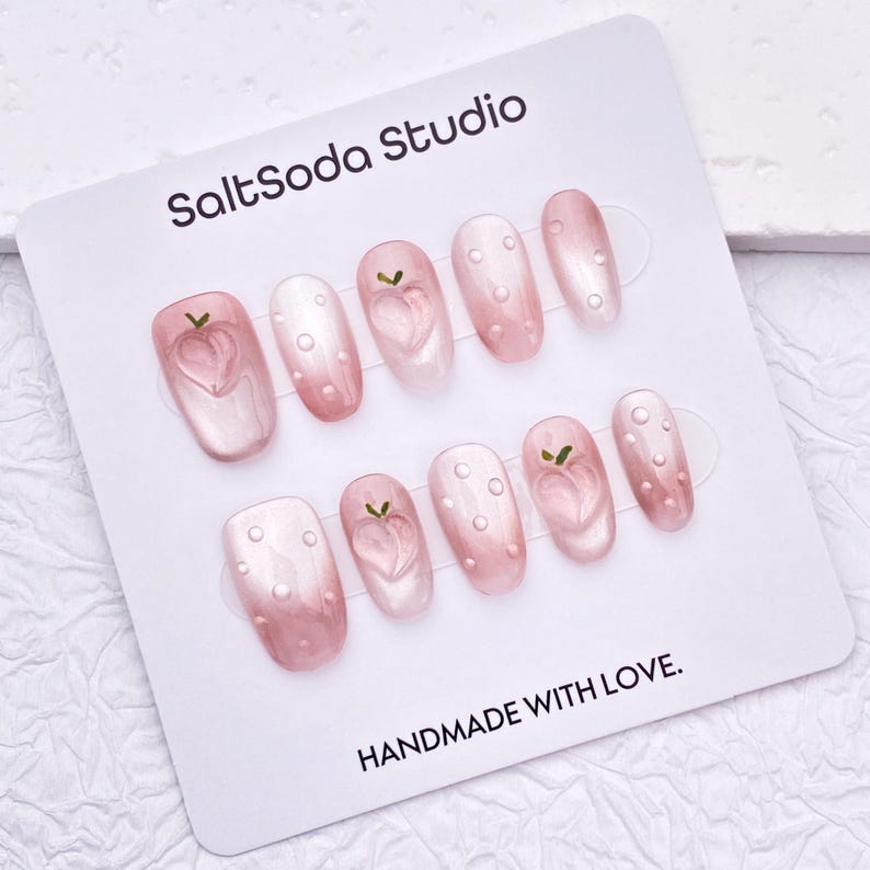 3d Peach Handmade Press on Nails: Ombre Light Pink Cat Eye, Short Oval ...
