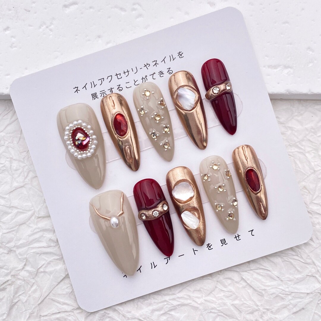 Retro European Nail/long Almond Nails/handmade Press on Nails/red and ...