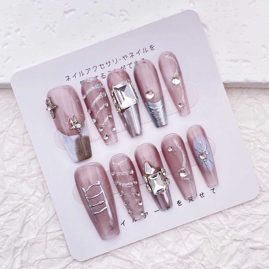 Simple Rhinestone Light Grey Nails/extra Long French Tip Nails/handmade ...
