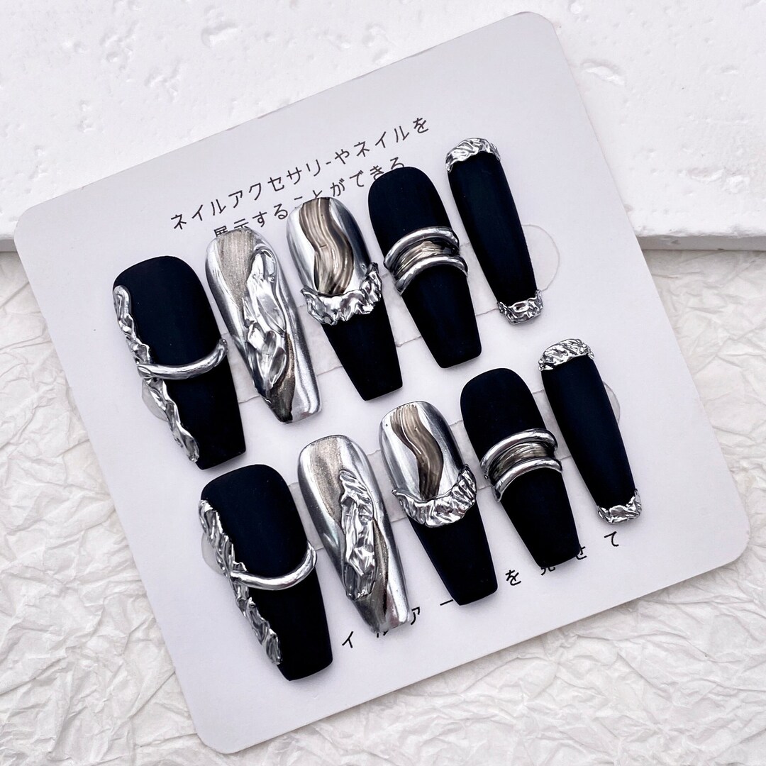 Fashion Silver Metallic Black Nail/extra Long Coffin Nails/handmade ...