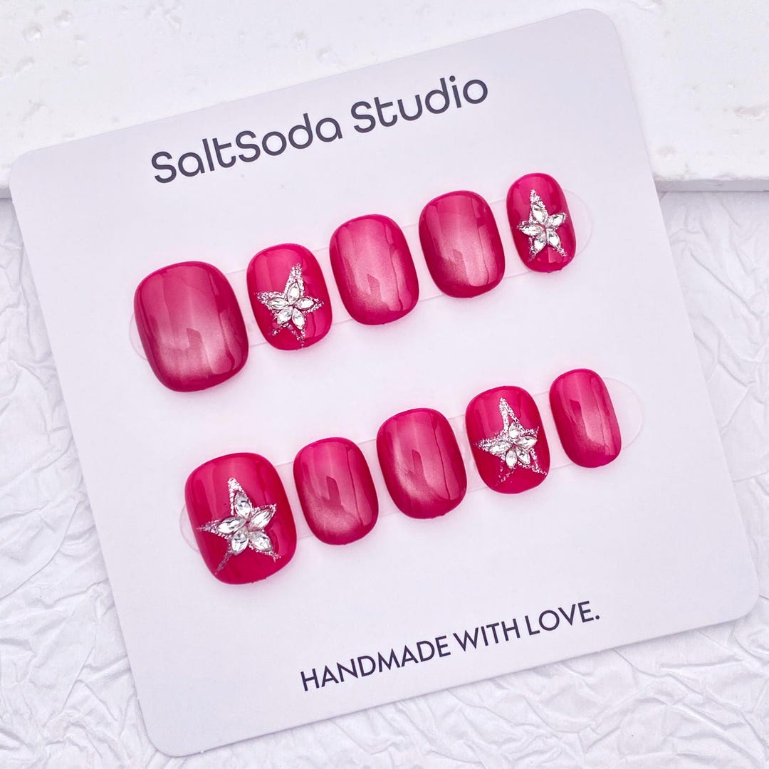 Glitter Crystal Star Handmade Press on Nails: Pink Cat Eye, Short Round ...