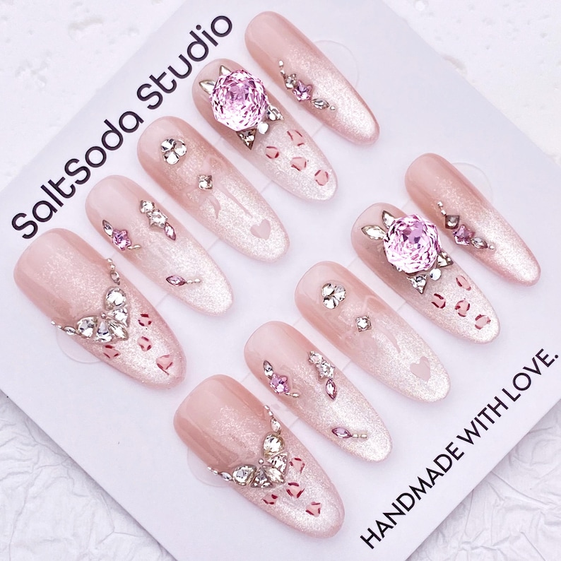 Leopard Crystal Handmade Press on Nails: Glitter Pink Cat Eye, Long ...