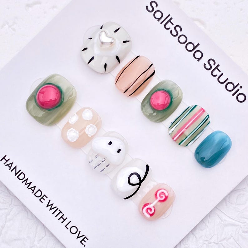 3d Cloud Heart Handmade Press on Nails: Bright Colorful Stripe, Short ...