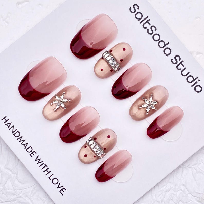 Crystal Dots Handmade Press on Nails: Light Pink, Short Oval, Burgundy ...