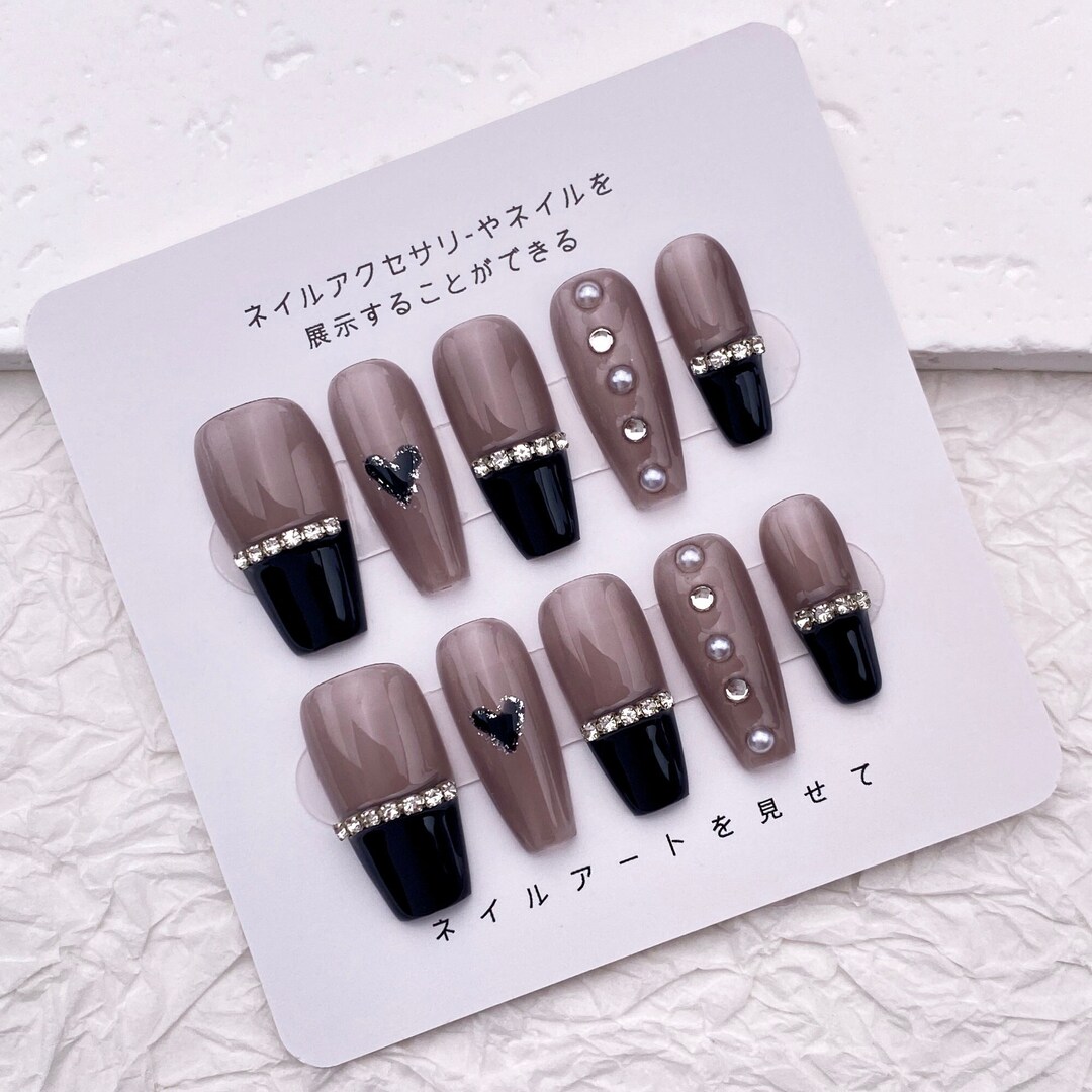 Elegant Long Black French Tip Nails/delicate Crystal Pearl Nail ...