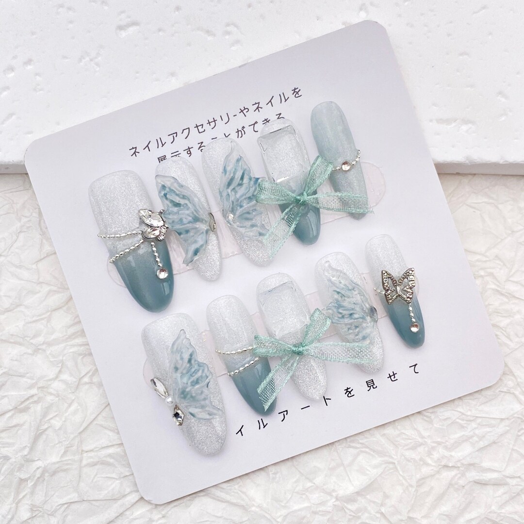 Fancy Butterfly Nail Charms/ombre Cyan Cat Eye Nail/handmade Press on ...