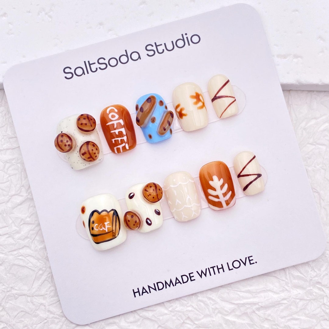 Kawaii 3d Coffee Bean Nail/brown and White Nail/cute Short Coffin Nail ...