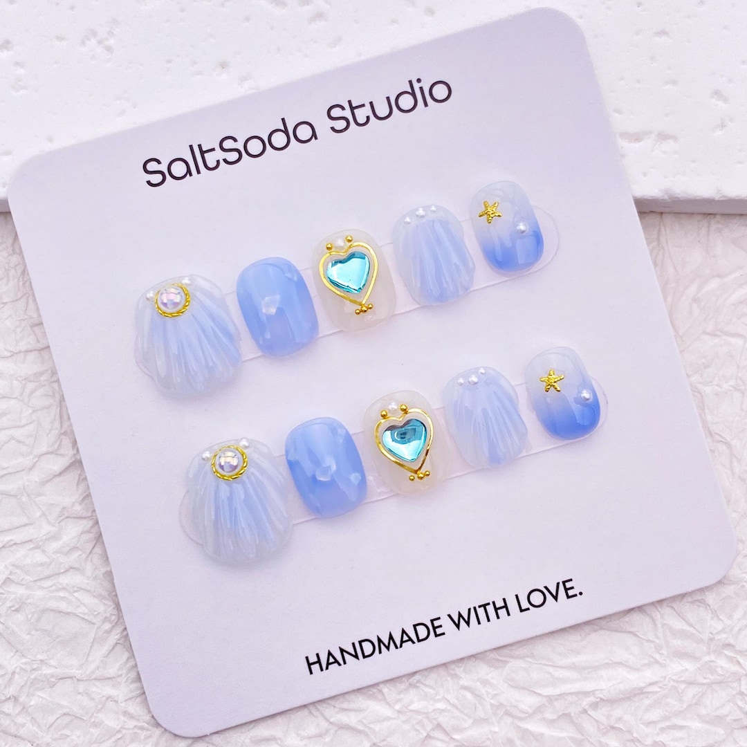 Blue Heart Crystal Nail/light Blue Shell Nail/cute Short Round Nail ...