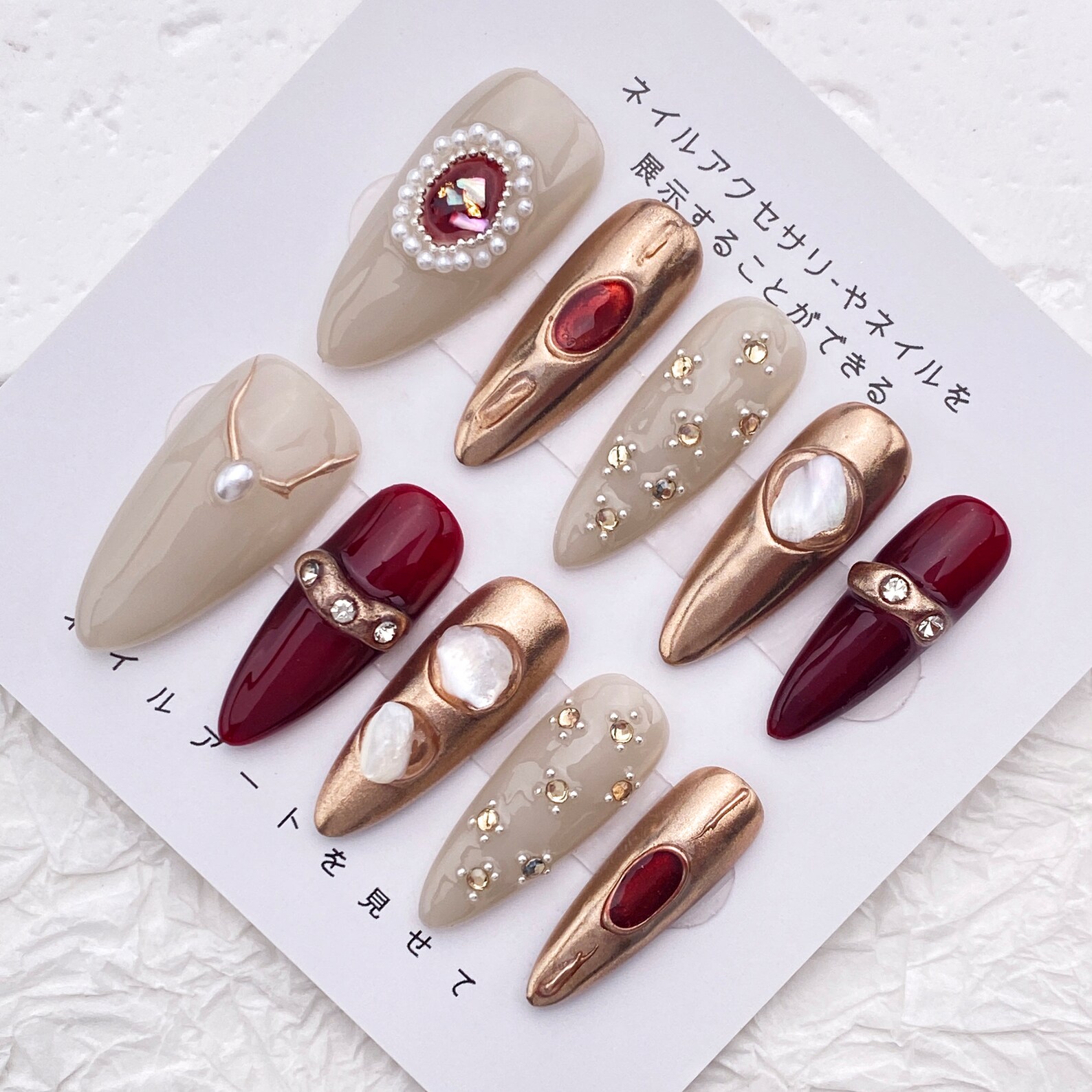 Retro European Nail/long Almond Nails/handmade Press on Nails/red and ...